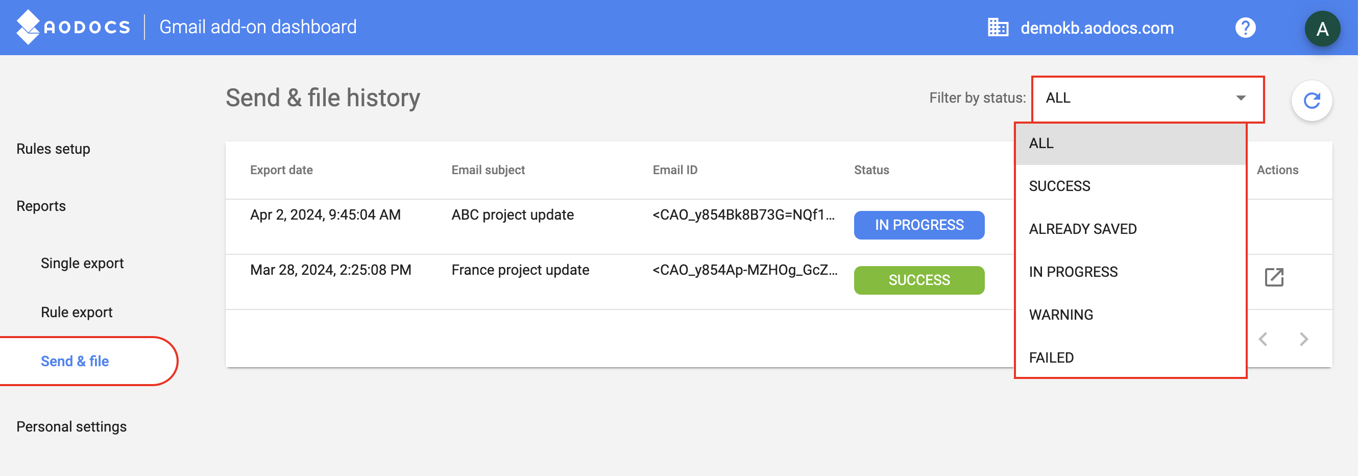 View and manage Gmail add-on reports – AODocs Knowledge Base