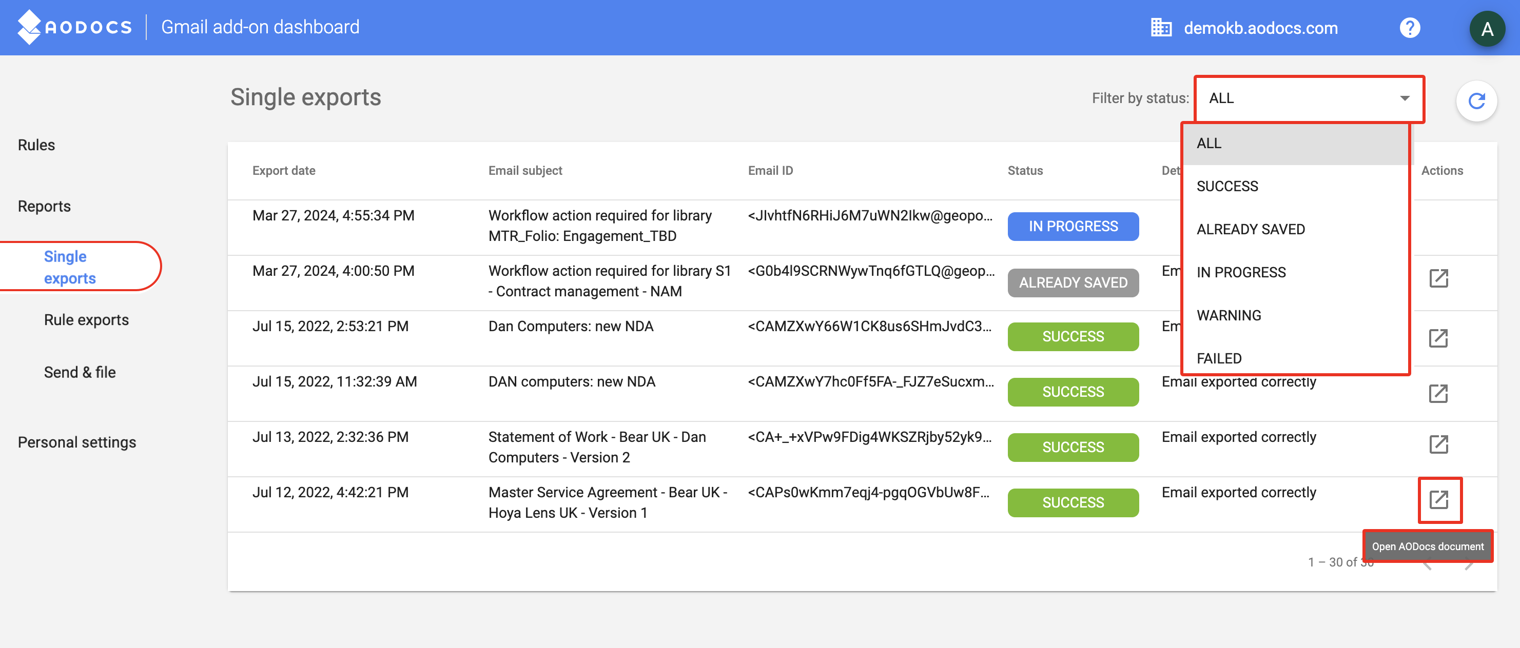 View and manage Gmail add-on reports – AODocs Knowledge Base