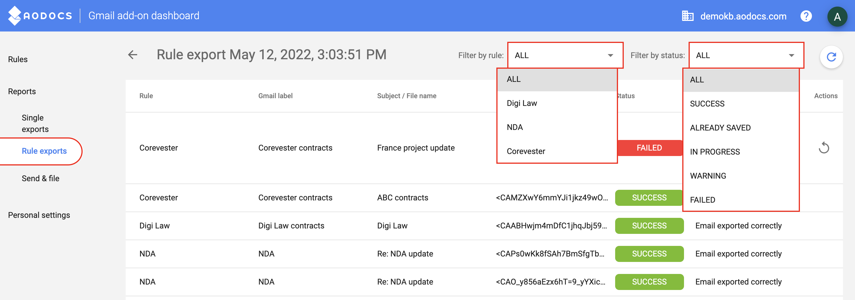 View and manage Gmail add-on reports – AODocs Knowledge Base