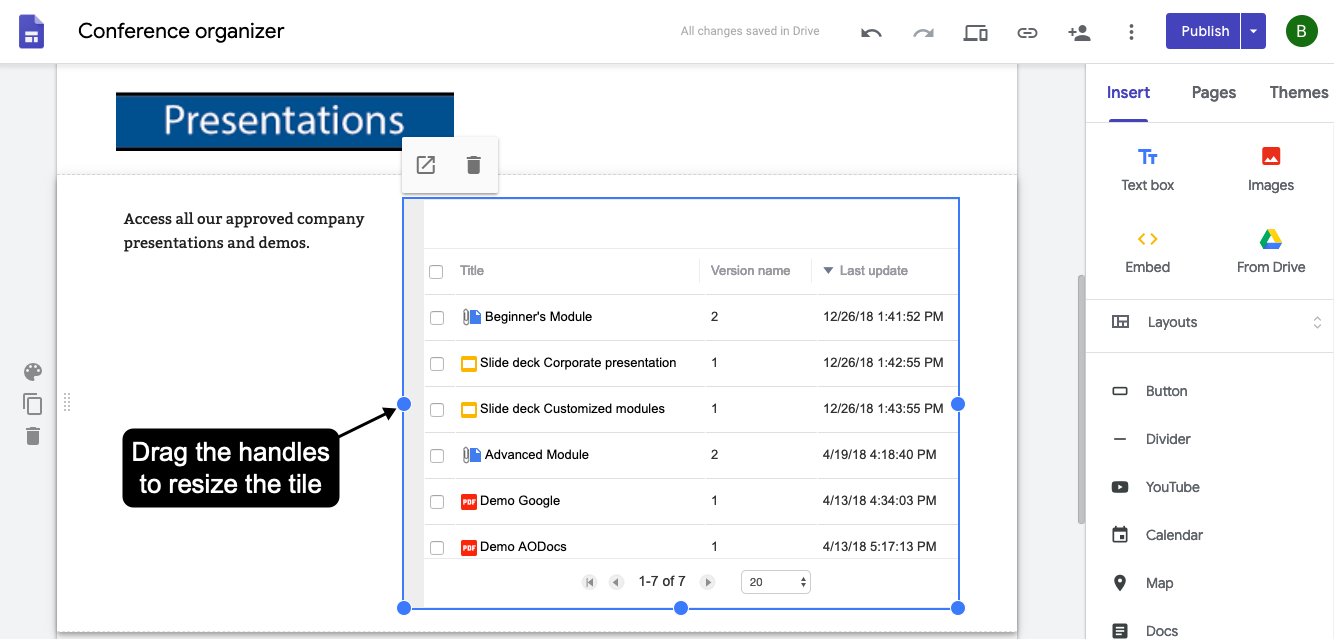 Insert a view into a Google Site – AODocs Knowledge Base