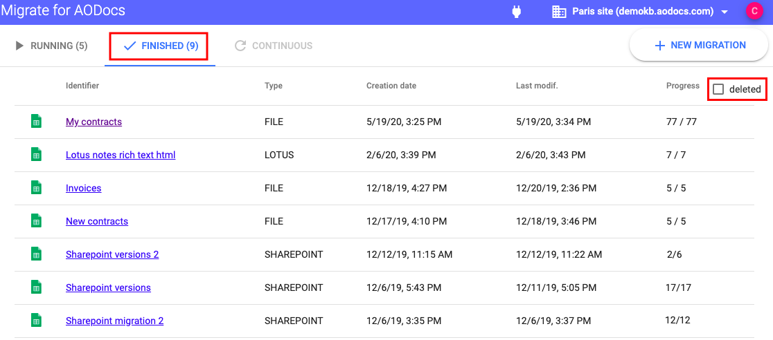 Manage your running and completed migrations – AODocs Knowledge Base