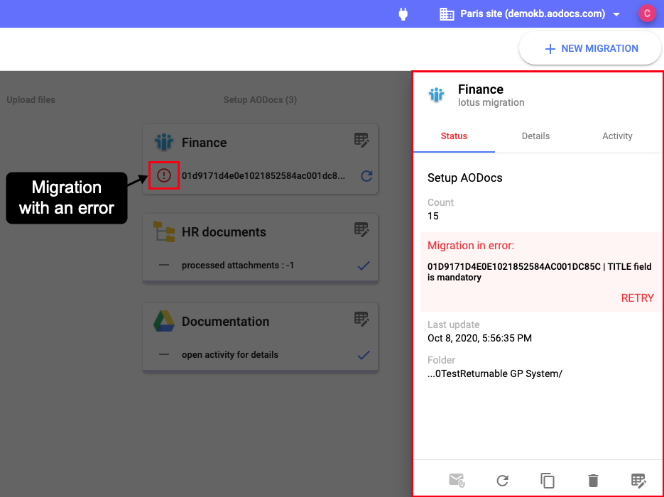 Manage your running and completed migrations – AODocs Knowledge Base