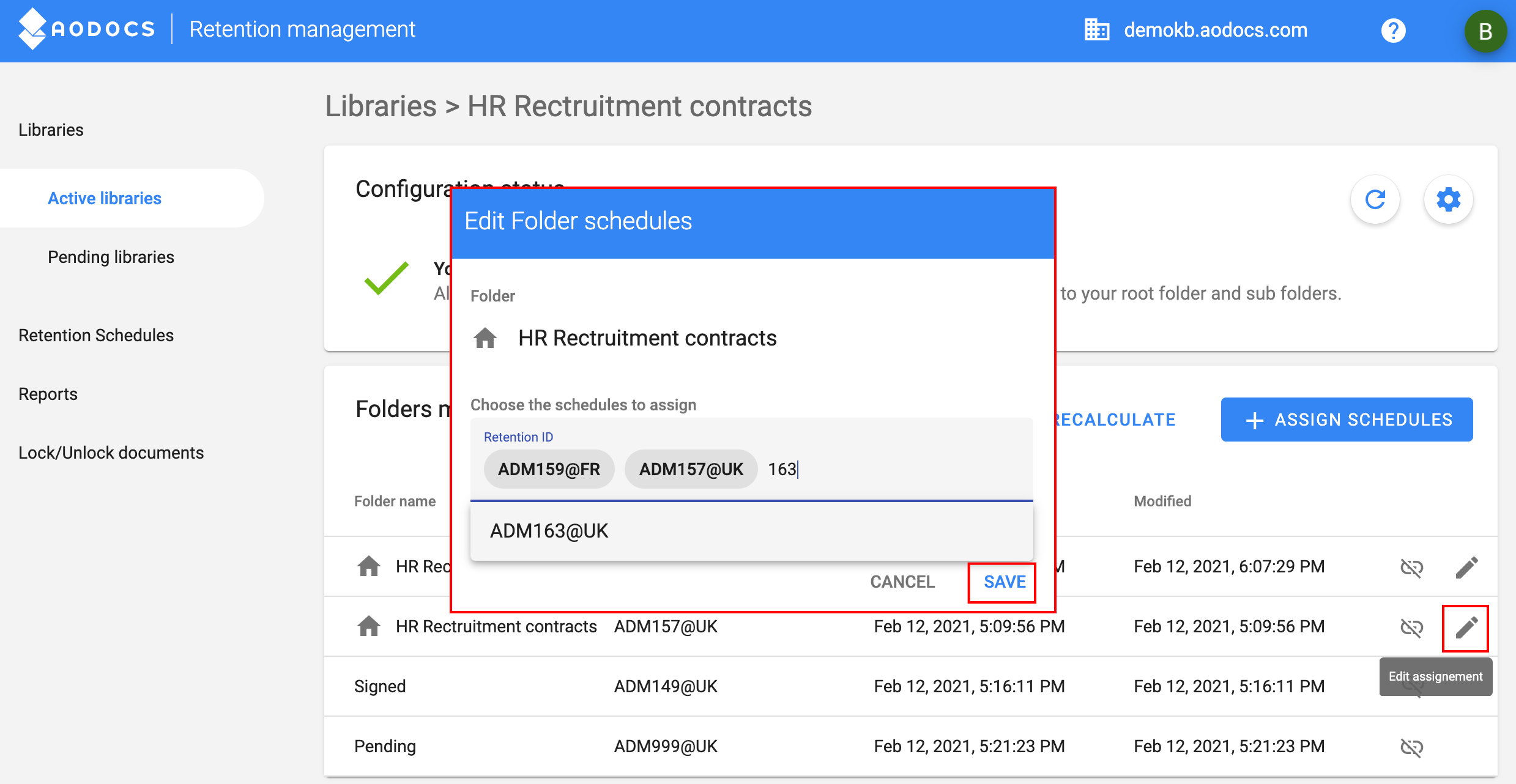 Add or unbind retention schedules in your library – AODocs Knowledge Base