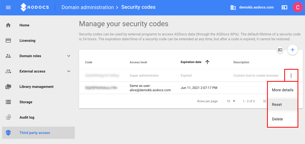 Manage security codes – AODocs Knowledge Base