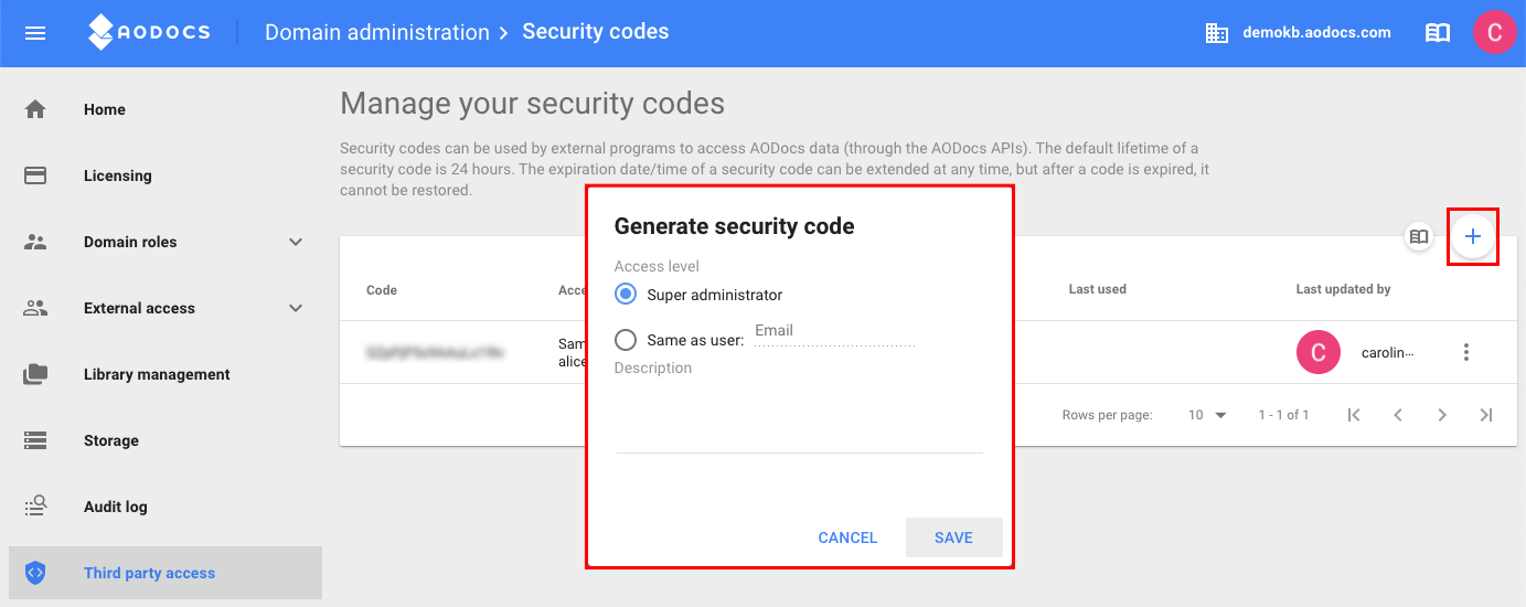 Manage security codes – AODocs Knowledge Base