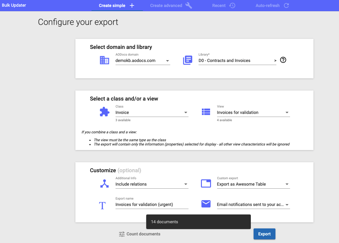 Bulk Updater: Configure and run your export – AODocs Knowledge Base