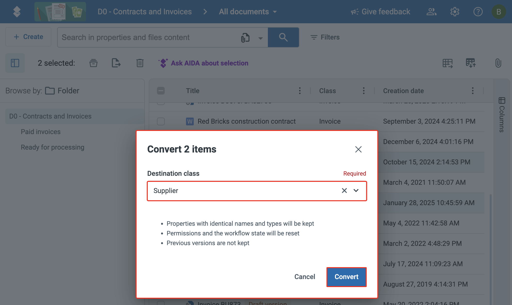 Convert documents to a different document class – AODocs Knowledge Base